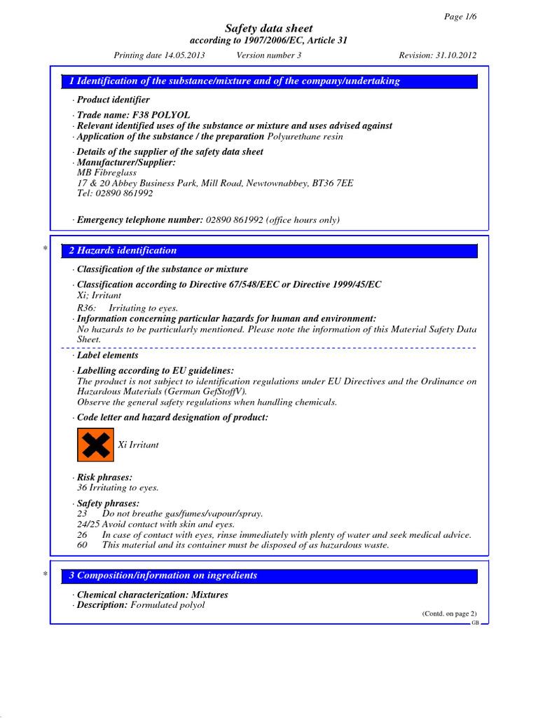 MBFibreglass Polyol | PDF | Dangerous Goods | Toxicity