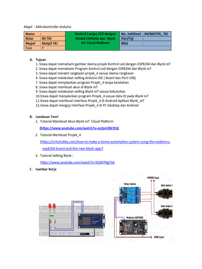 Jobsheet 04 - Mapil IoT - Kendali LED Dengan ESP8266 Dan Blynk | PDF