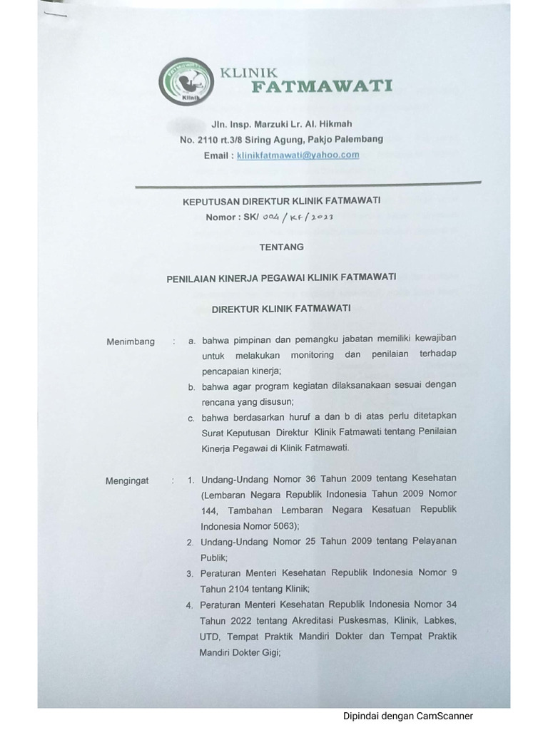 Bab 1 TKK Standar 1.2 Ep 2 Tentang SK Penilaian Kinerja Pegawai Klinik Fatmawati | PDF