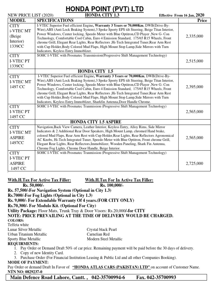 Honda Point (PVT) LTD: Effective From 16 Jan | PDF | Anti Lock Braking ...