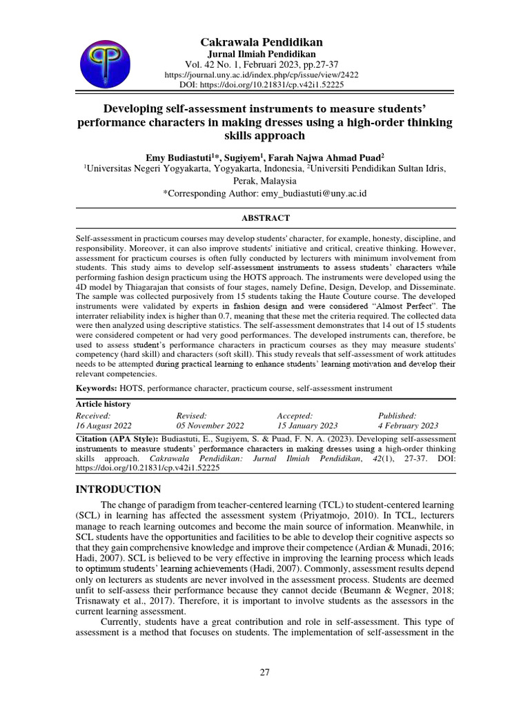 Developing Self Assessment Instruments To Measure Students Pdf