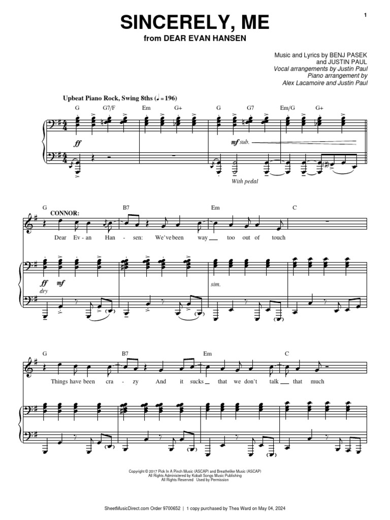 Sincerely Me From Dear Evan Hansen | PDF | Musicals | Songs Written