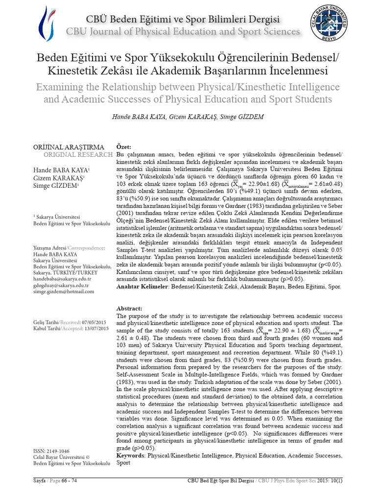 Beden E - Itimi Ve Spor Y - Ksekokulu - Rencilerinin Bedensel-Kinestetik Zek - S - Ile Akademik ...