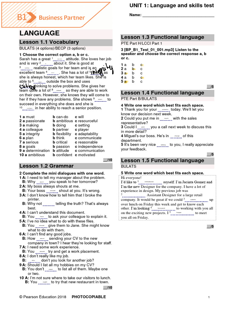 BP B1 Tests Unit1 | PDF | Cognition | Human Communication