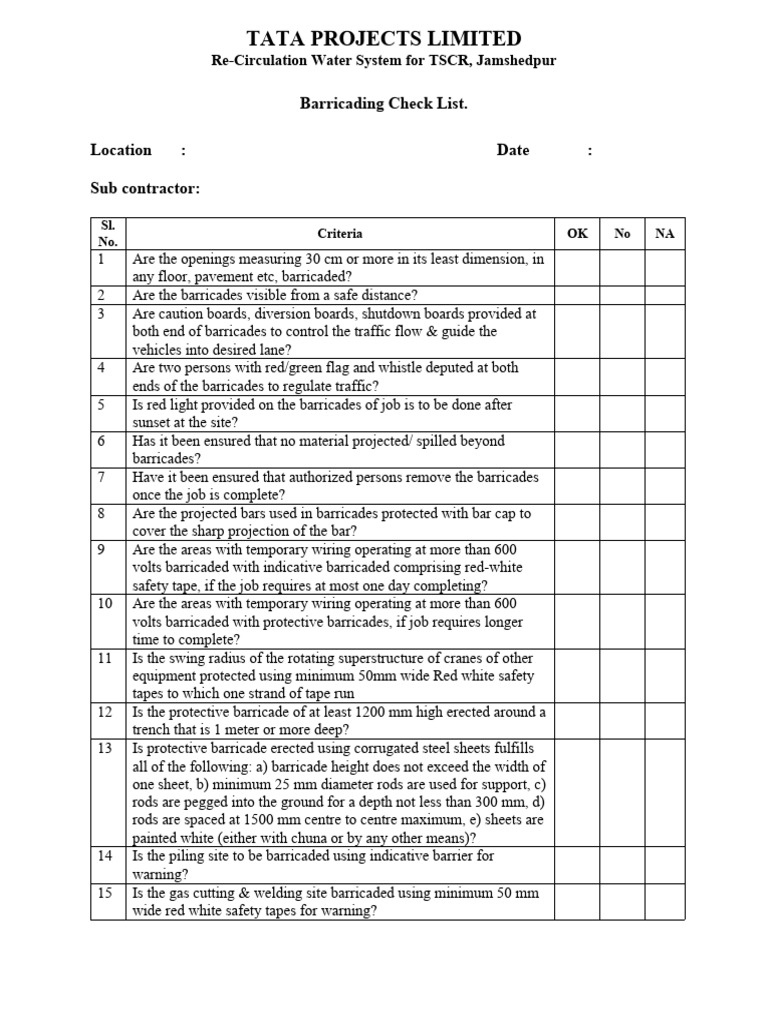 Barrication Check list | PDF | Transport | Transport Infrastructure