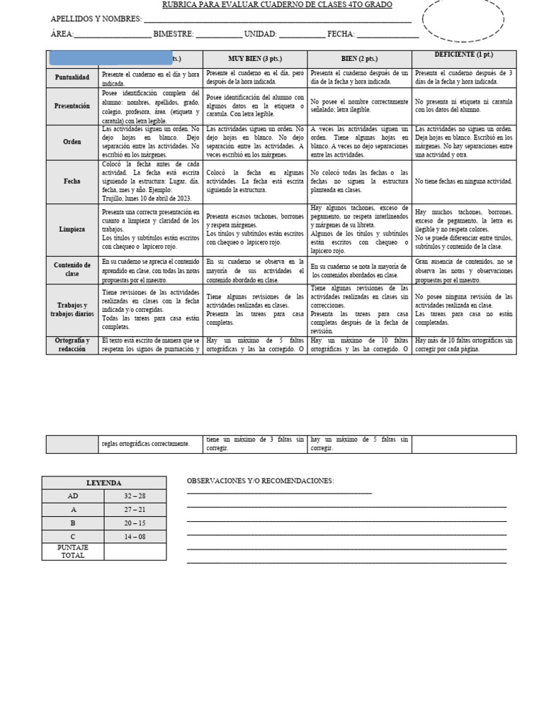RUBRICA PARA EVALUAR CUADERNOS | PDF | Cuaderno