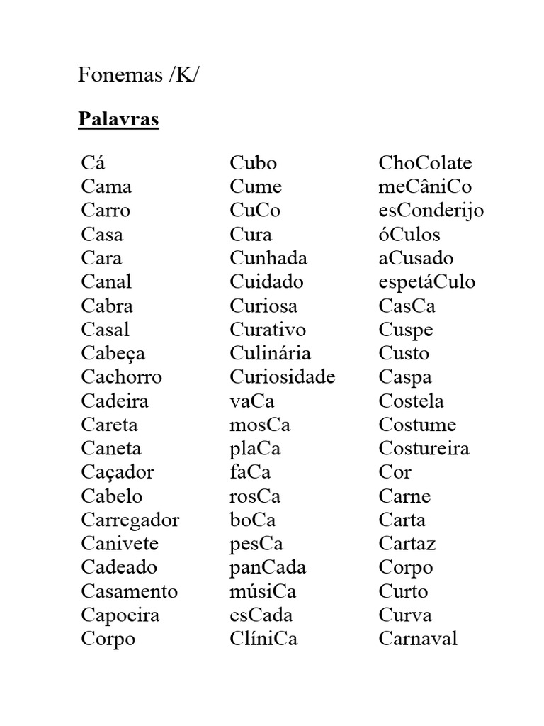 Fonema K (palavras e frases) | PDF