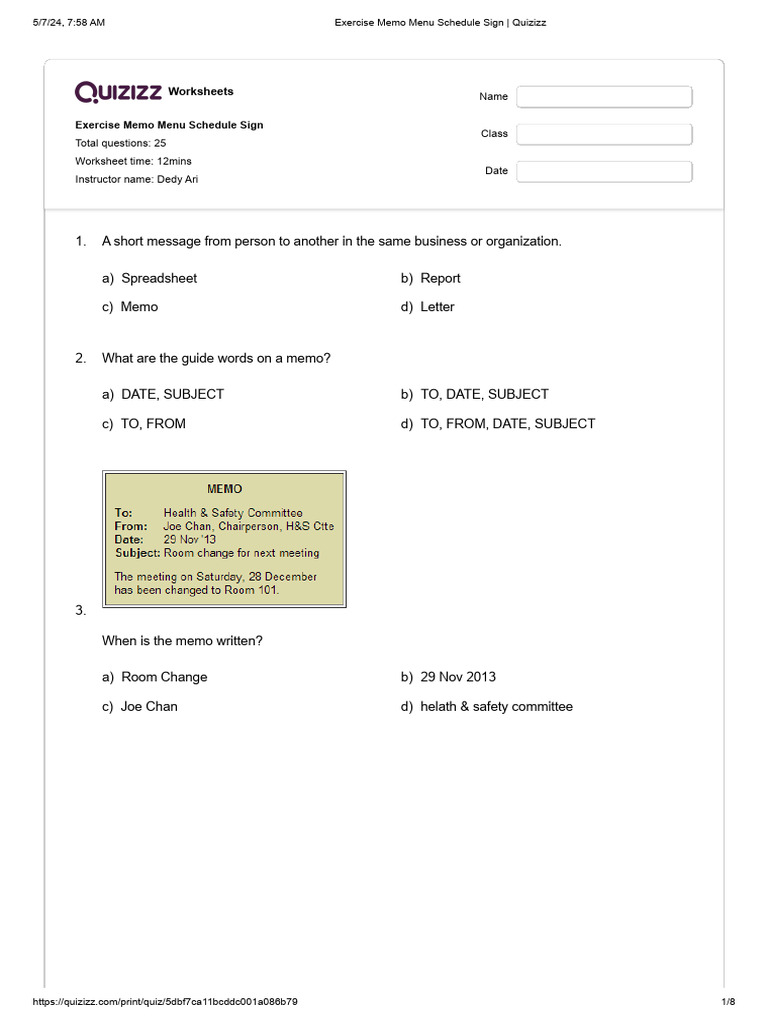Exercise Memo Menu Schedule Sign _ Quizizz | PDF