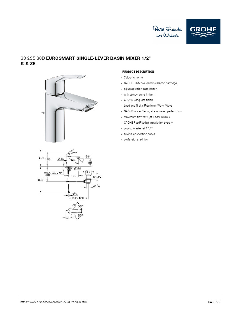 GROHE Specification Sheet 3326530D | PDF | Technology & Engineering