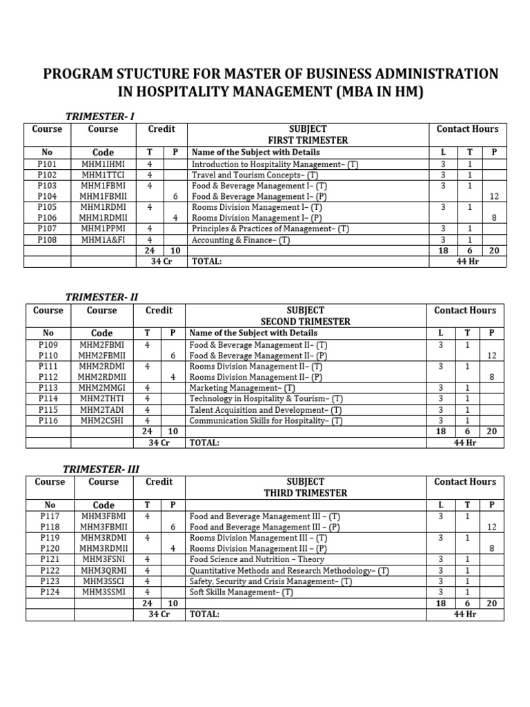 PROGRAM STUCTURE FOR MBA in HM | PDF | Master Of Business ...