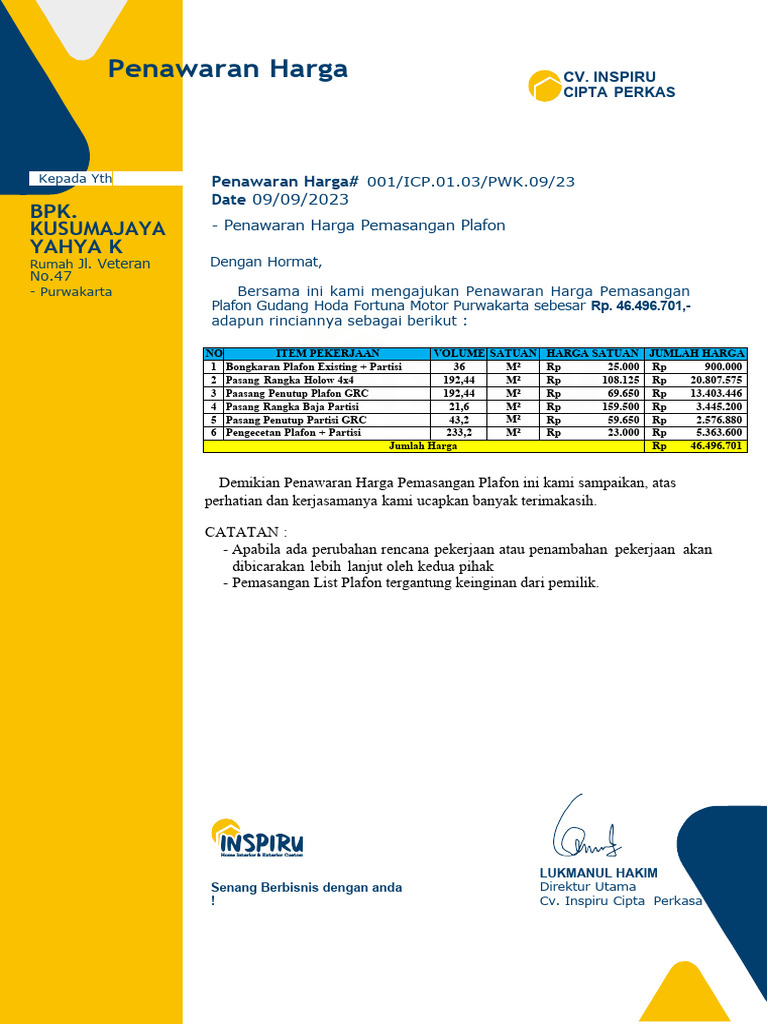 Penawaran Harga Pemasangan Flapon | PDF