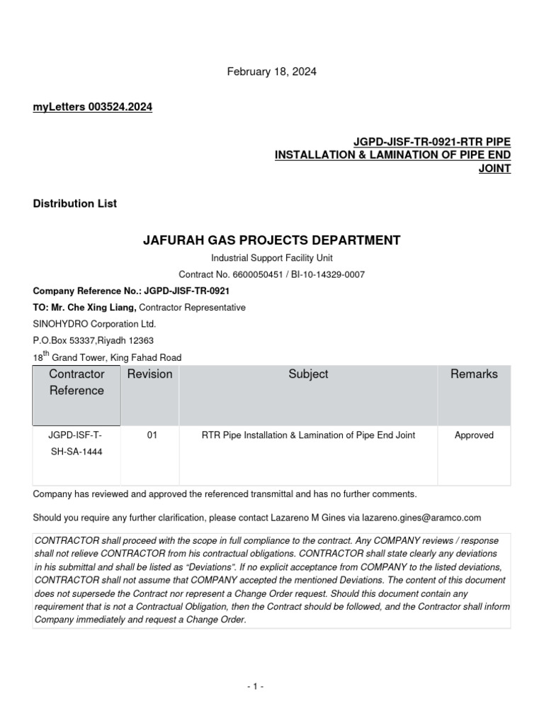 6.JGPD-IsF-T-SH-SA-1444-RTR Pipe Installation & Lamination of Pipe End ...