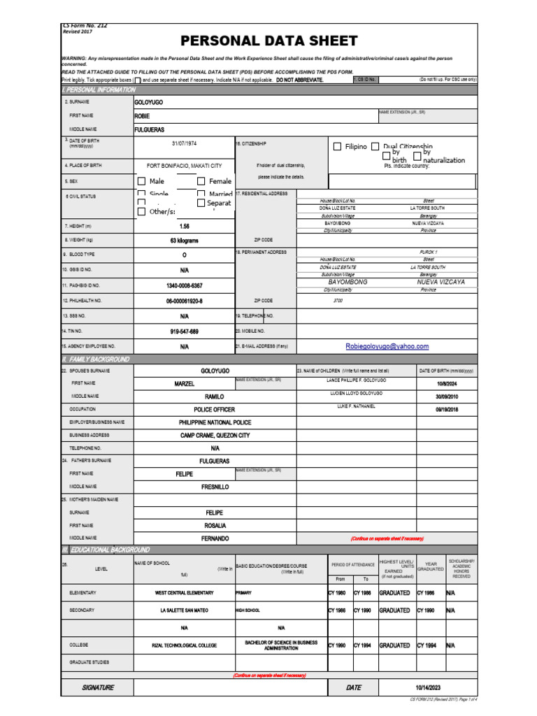 Cs Form No. 212 Revised Personal Data Sheet - New by Gologuyo | PDF ...