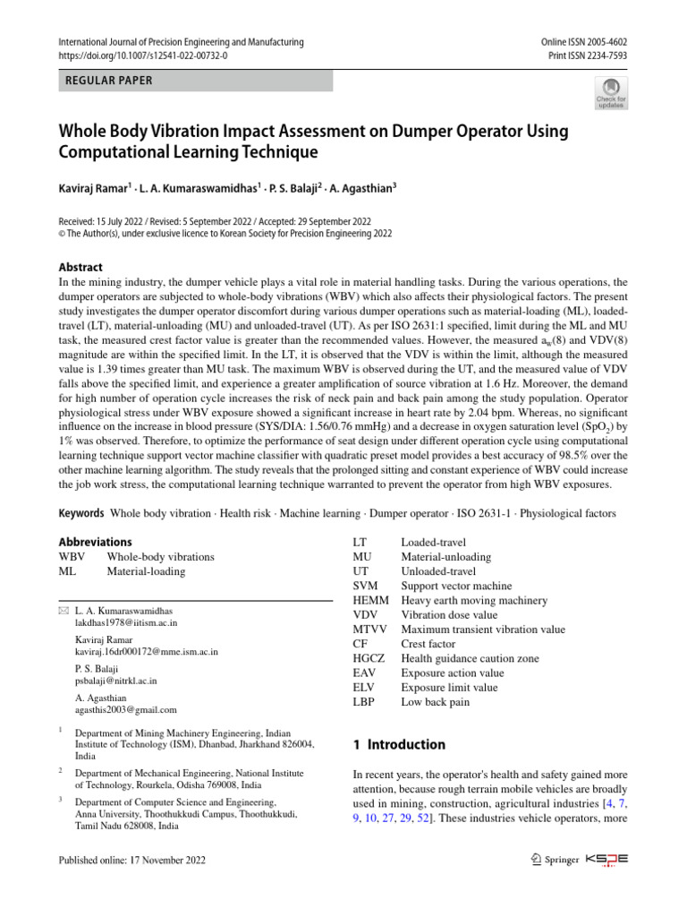 Whole Body Vibration Impact Assessment On Dumper Operator Using | PDF ...