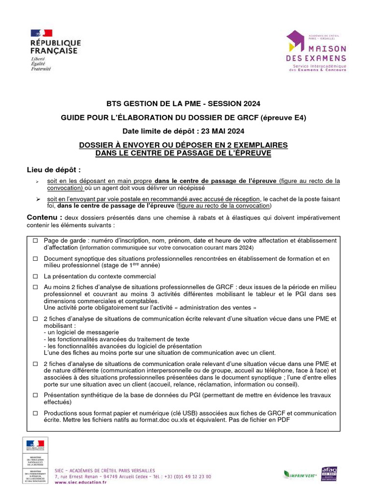 Guide Dossier GRCF BTS GPME 2024 | PDF | la communication | Informatique