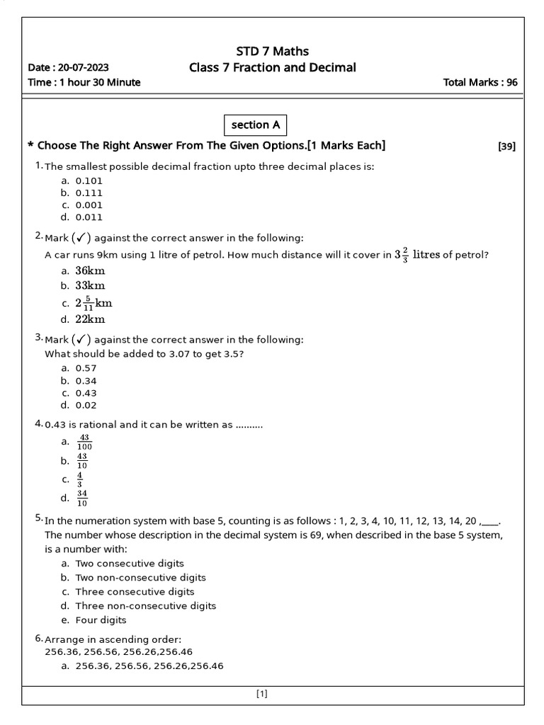 STD 7 Maths Class 7 Fraction and Decimal: Choose The Right Answer From ...