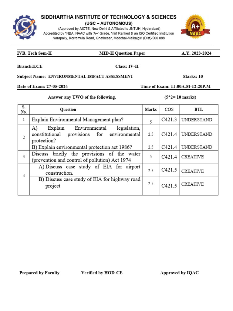 Eia Mid-2 Question Paper Ece | PDF | Environmental Impact Assessment ...