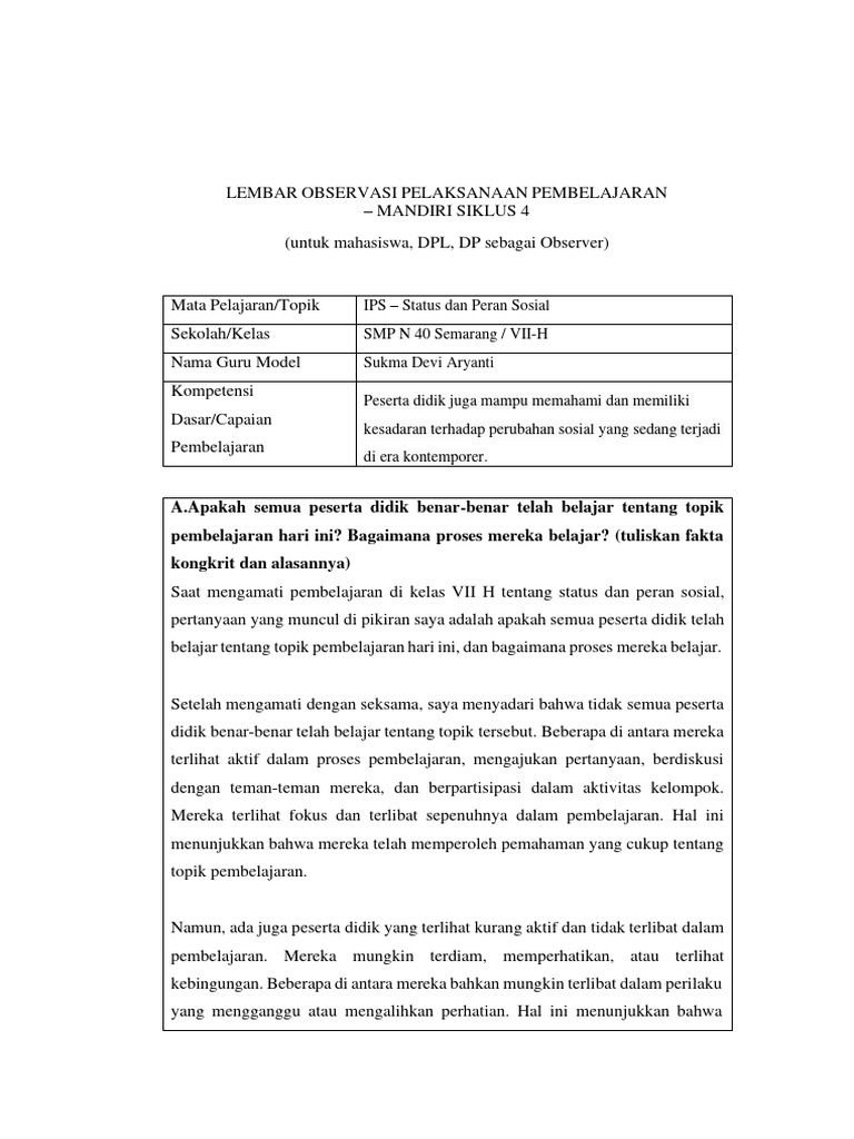 SUKMA DEVI ARYANTI - LK 4 - Lembar Observasi Pembelajaran Observer - Siklus 4 - Pembelajaran ...