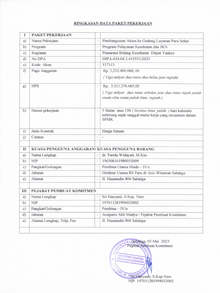 Ringkasan Data Paket Pembangunan Akses Ke Gedung Layanan Paru Sehat | PDF