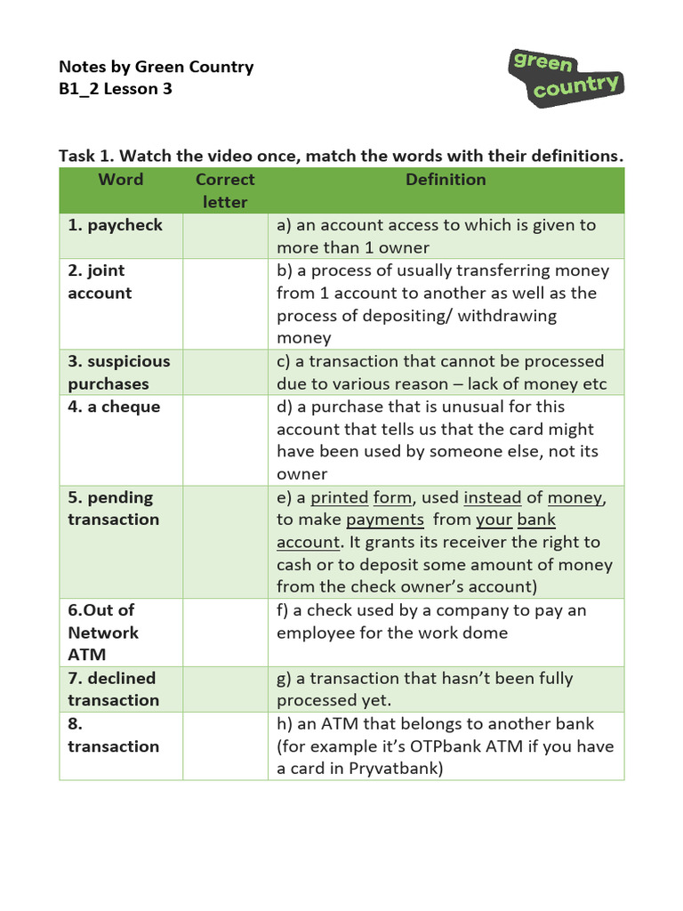 B1_2 Lesson 3 Worksheet | PDF | Transaction Account | Cheque
