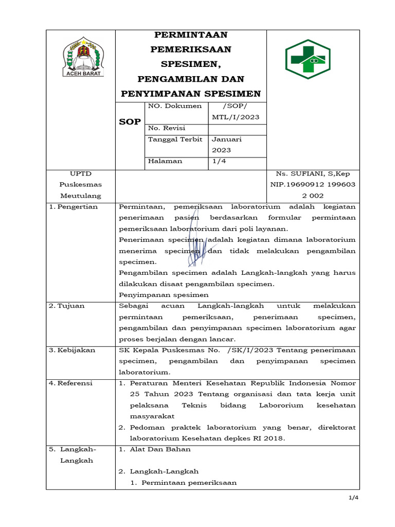 Sop Permintaan Pemeriksaan Penerimaan Spesimen Pengambilan Dan Penyimpanan Spesimen | PDF