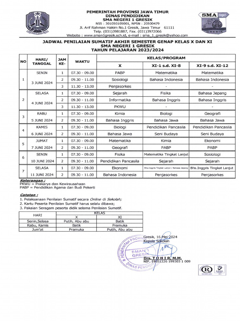 Jadwal Psas Genap X&xi 2023-2024 | PDF