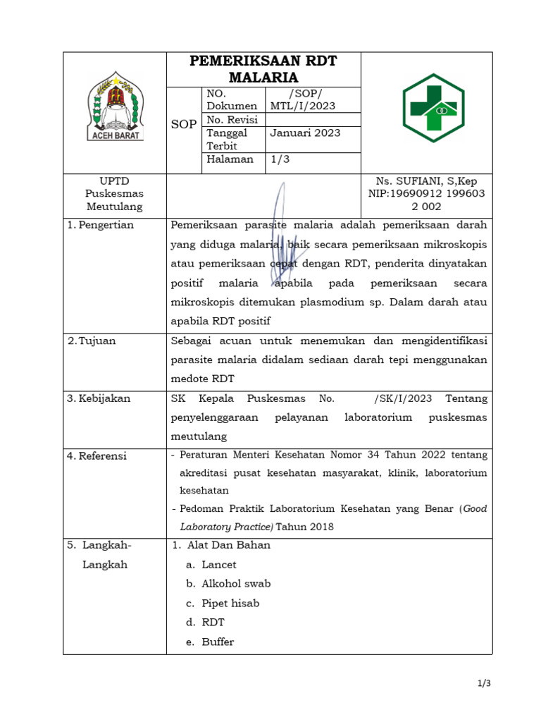 Sop PEMERIKSAAN RDT MALARIA | PDF