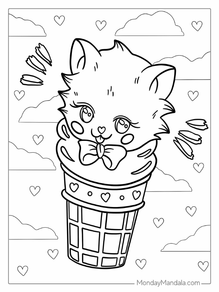 Adorable Kawaii Cat Ice Cream Coloring Page | PDF