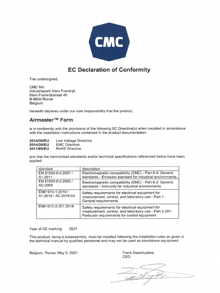 CE DoC Airmaster Form | PDF