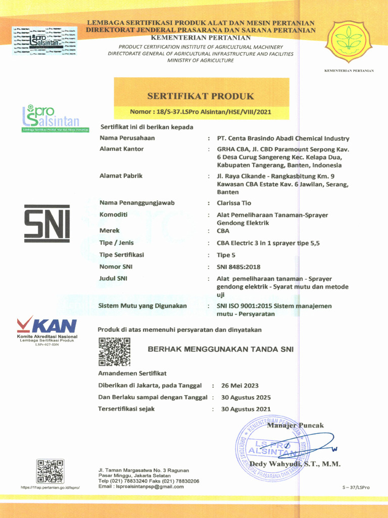 Sertifikat SNI CBA Elektrik Sprayer Tipe 5.5 | PDF