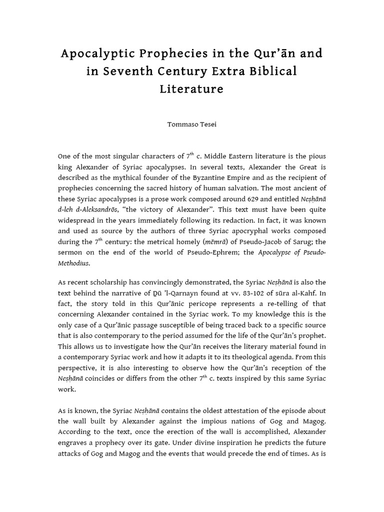 Tesei, T - Apocalyptic Prophecies in The Qur'Ān | PDF | Eschatology | Quran