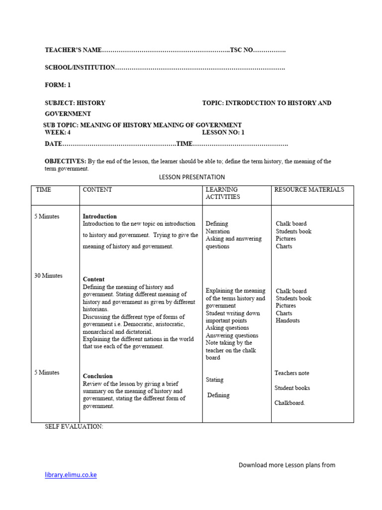 History - Form 1-T1-W1-W9-L1-L15 | PDF | Lesson Plan | Homo