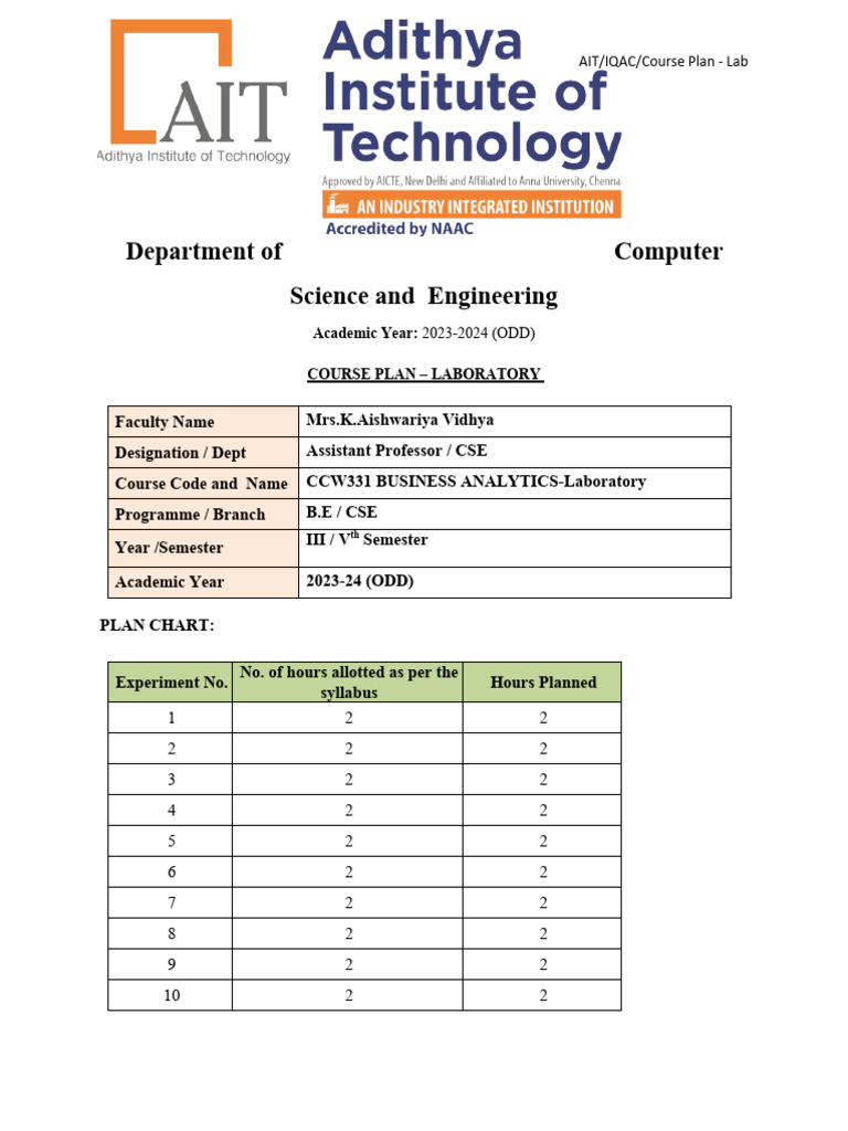 Business Analytics Lab Course Plan 2023-24 | PDF | Analytics | Principal Component Analysis