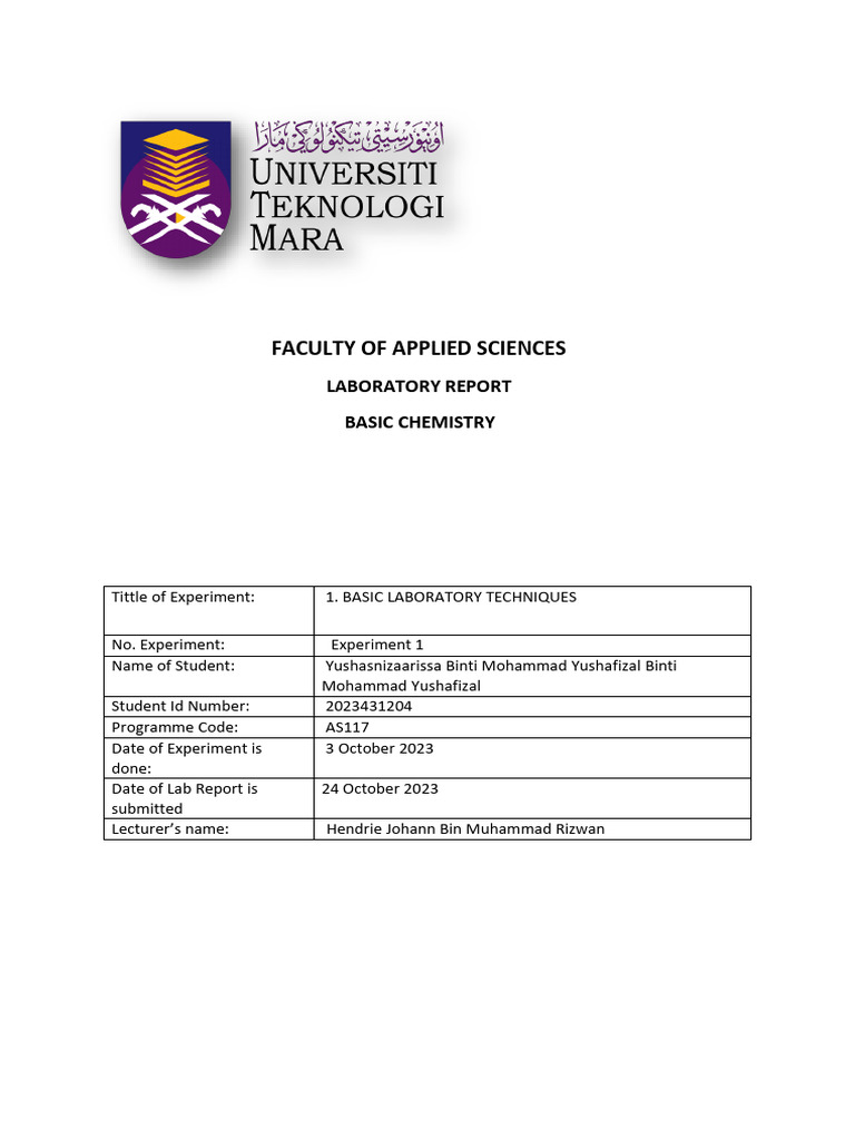 Lab Report Chmy Expriment 1 | PDF | Observational Error | Experiment