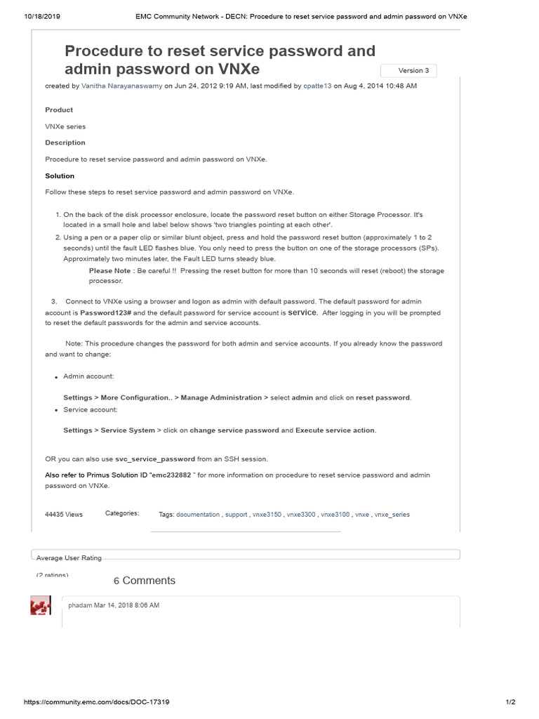 Procedure To Reset Service Password And Admin Password On Vnxe Pdf Password Computer Security