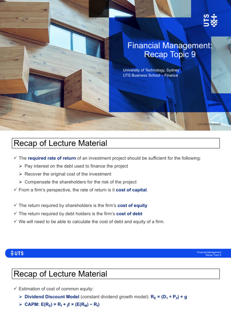 Recap Topic 9 | PDF | Cost Of Capital | Equity (Finance)