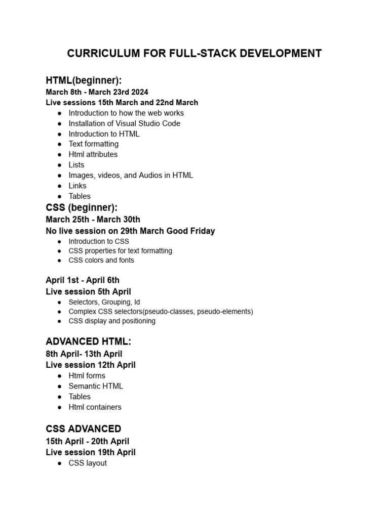 Curriculum For Full-Stack Development | PDF | Html | Java Script