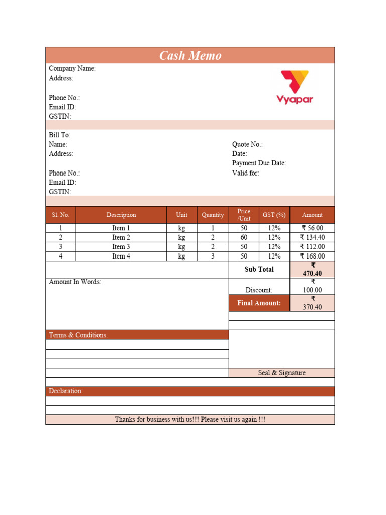 Cash Memo Template and Format Guide | PDF