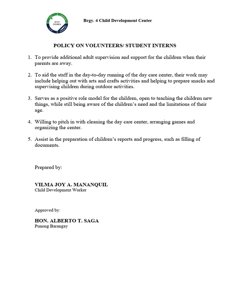 CDC Policy On Volunteers Student Interns | PDF | Wellness