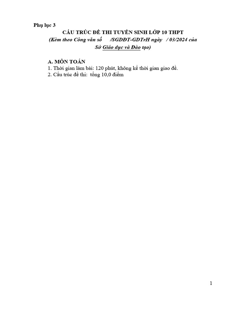 Phu Luc 3 - Cau Truc de Thi TS Lop 10 THPT - Mon Thu Ba - CT GDPT 2018 | PDF