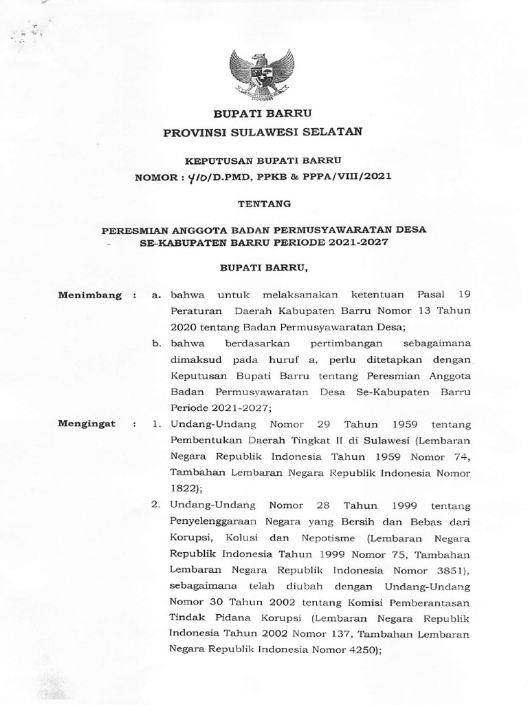 SK PENGANGKATAN BPD KAB. BARRU 2021-2027 - Pao-Pao | PDF