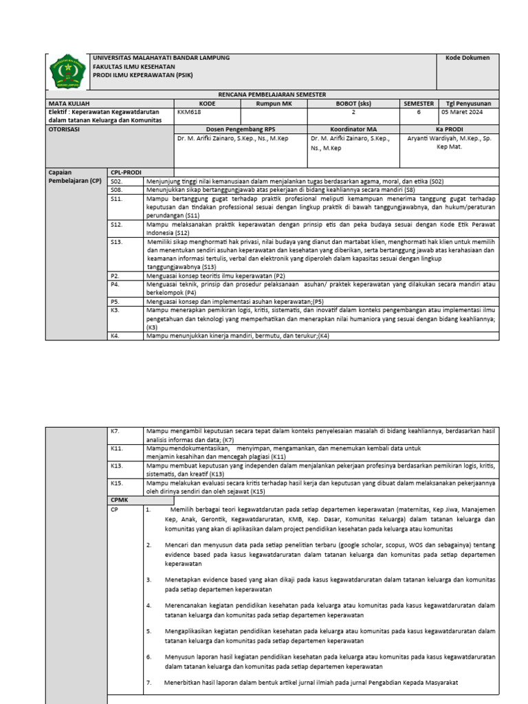 RPS Elektif Keperawatan Kegawatdarutan Dalam Tatanan Keluarga Dan Komunitas - M. Arifki Zainaro ...