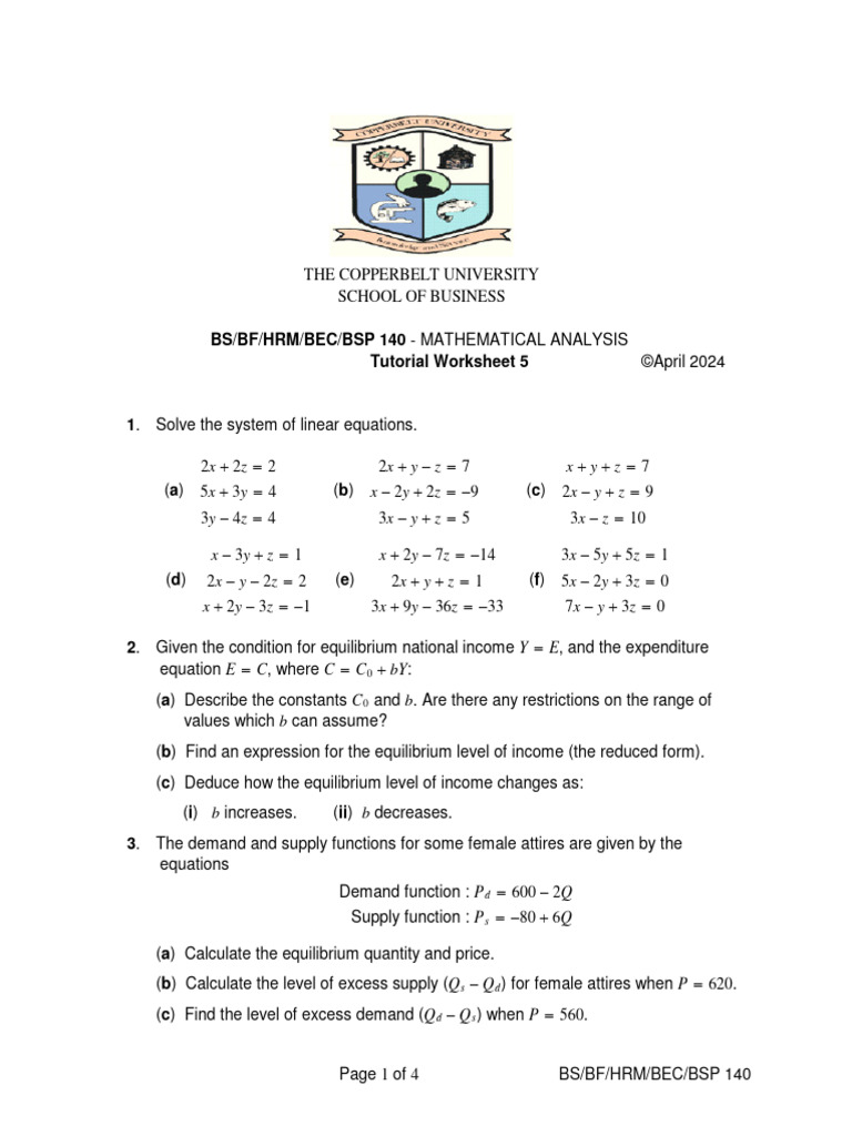BS 140 Worksheet 5 2024 | PDF | Economic Equilibrium | Economic Surplus
