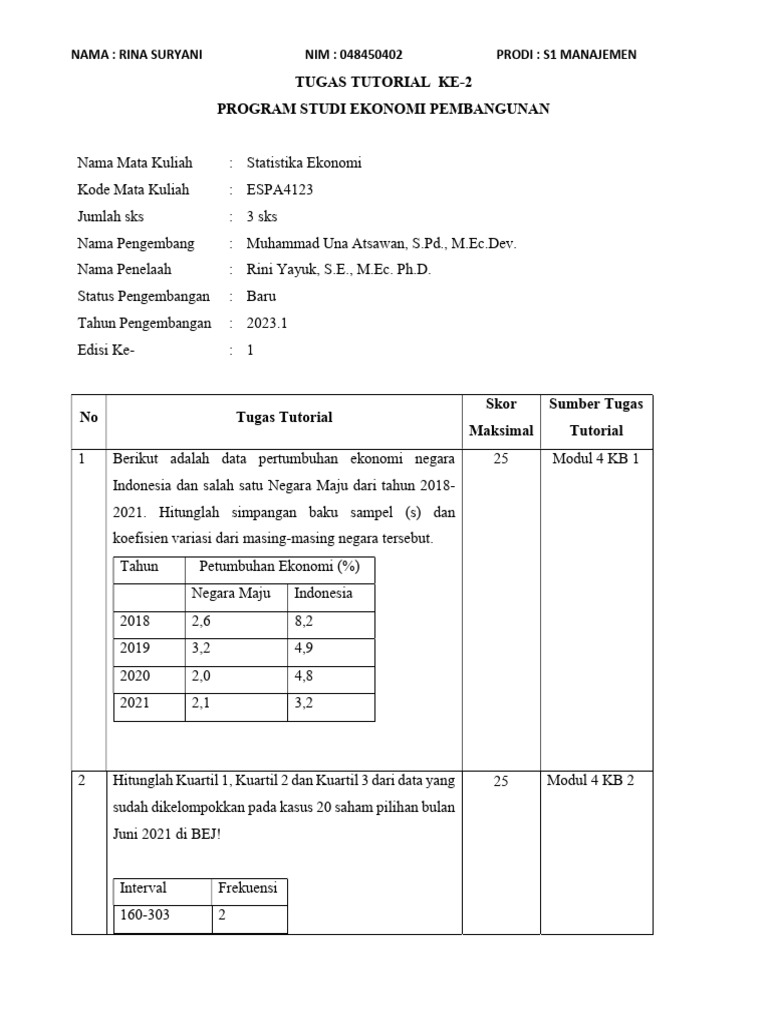 Tugas 2 Statistika Ekonomi | PDF