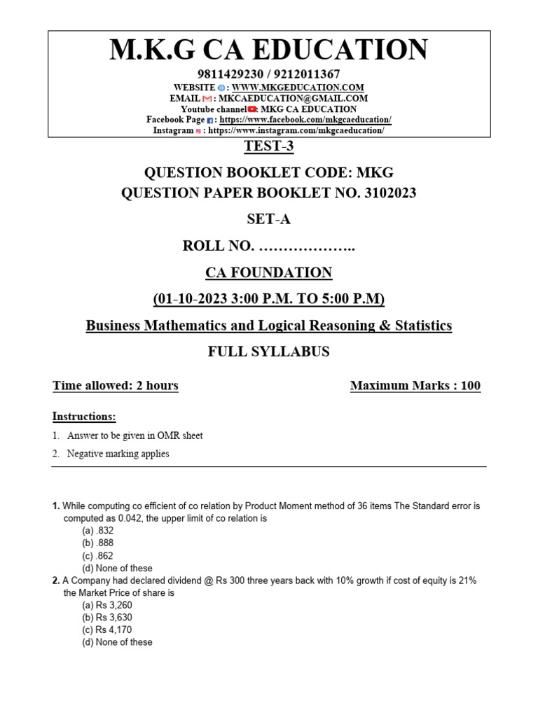 CA Foundation Maths Exam Question Paper | PDF | Cost Of Living ...