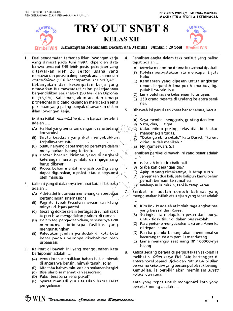 Soal Try Out 8 - Pemahaman Bacaan Dan Menulis | PDF