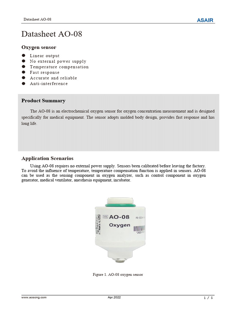Ao 08 Oxygen Sensor Datasheet | PDF | Manufactured Goods | Electricity