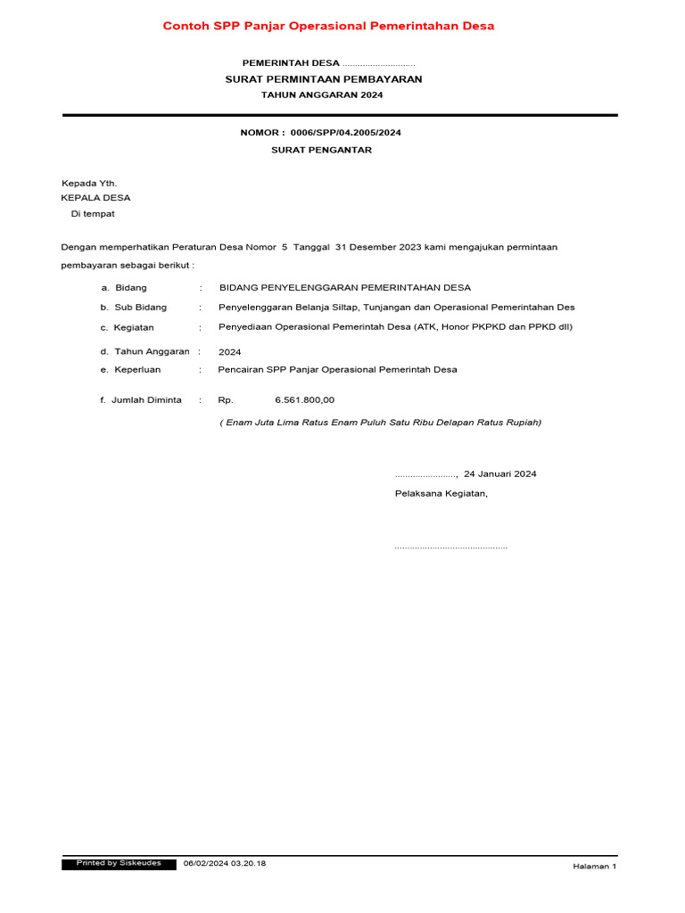 Contoh SPP Panjar Desa 2024 | PDF