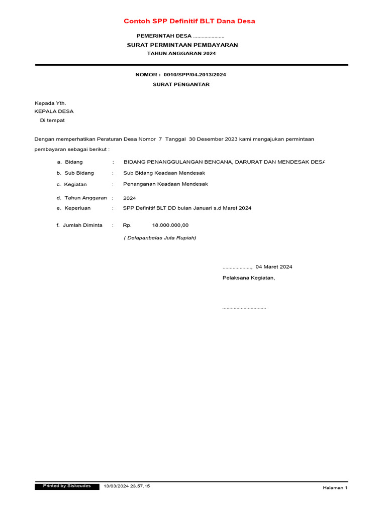 Contoh SPP Definitif BLT Dana Desa | PDF
