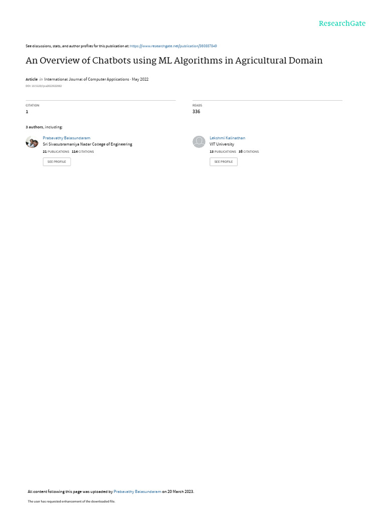 An Overview of Chatbots Using ML Algorithms in Agricultural Domain | Download Free PDF | Machine ...